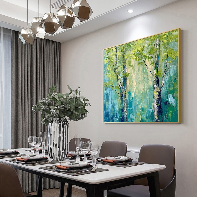 Abstract Birch Forest Painting, Teal Green Tree Canvas Art, Palette ...