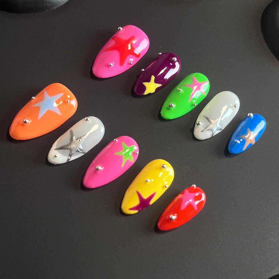 Starburst Press-on Nails Almond Shape Summer Nails Vibrant Stars Design ...