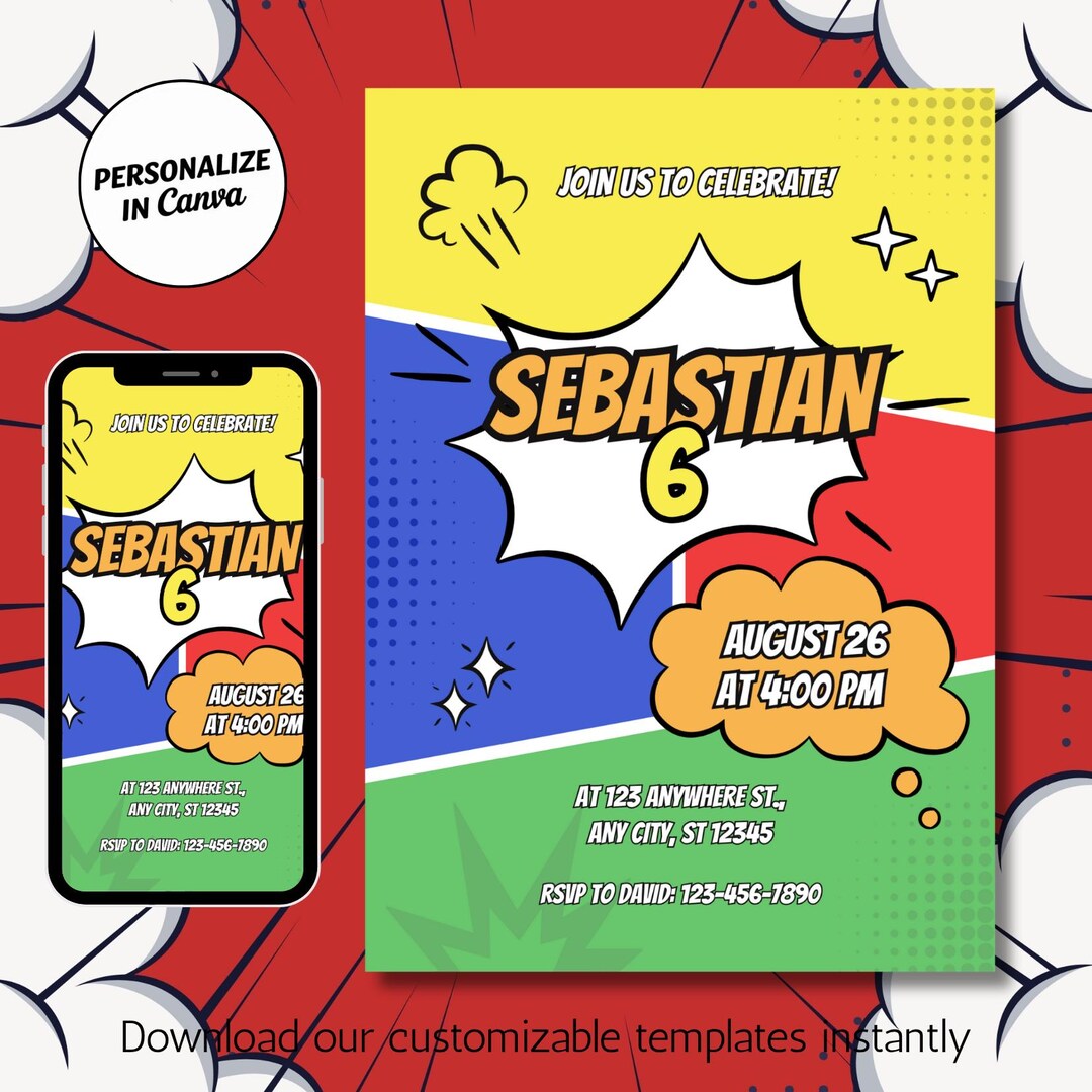 Superhero Birthday Invitation | Kids Comic Book Party Invite ...