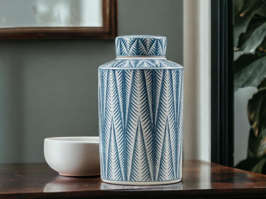 Luxury Blue Ceramic Ginger Jar With Angular Design Elegant Decorative ...
