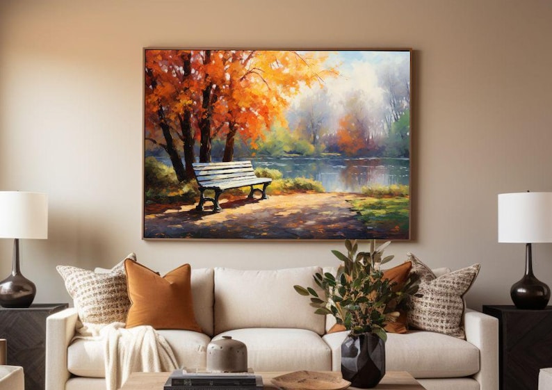 Wooden Bench in Autumn Landscape Oil Painting, Autumn Painting, Fall ...