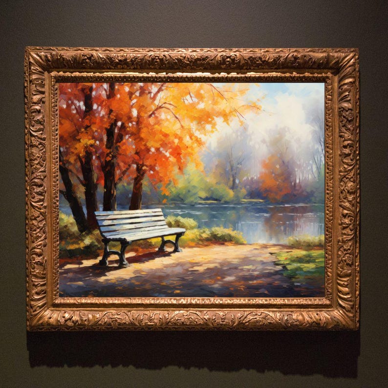Wooden Bench in Autumn Landscape Oil Painting, Lake View, Orange Fall ...