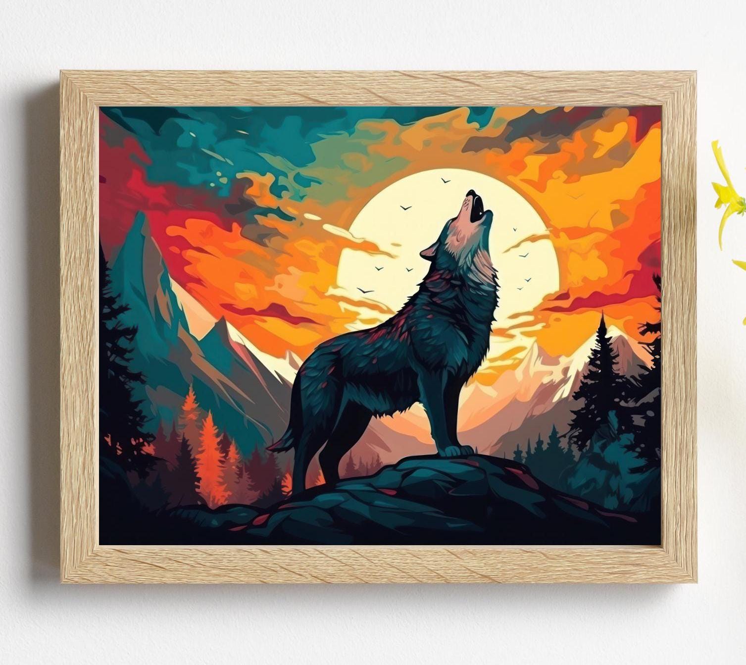 Wolf Wall Art, Howling Wolf Poster, Full Moon Wolf Digital Print, Wolf ...