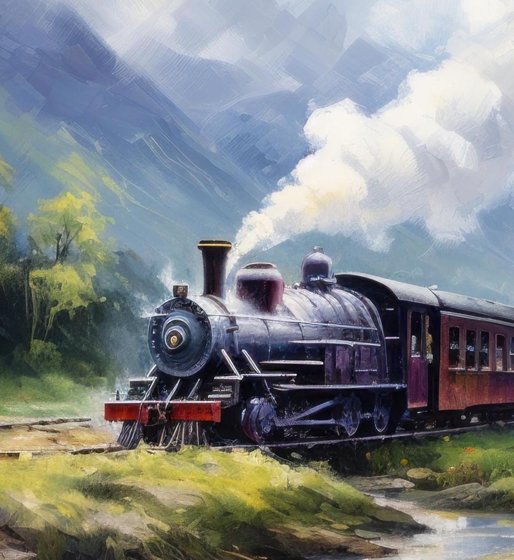 Vintage Train Landscape Oil Painting, Train Decor,mountain Landscape ...