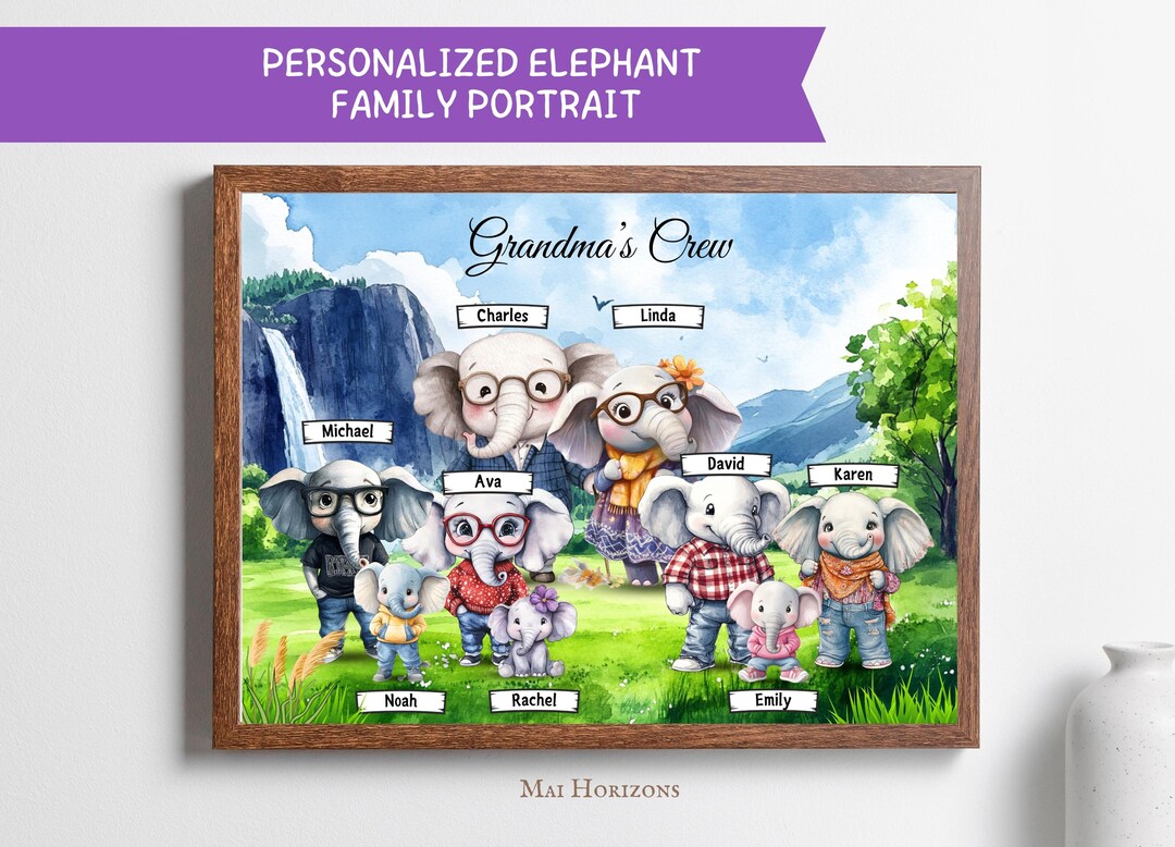 Custom Family Print, Personalized Elephant Family Portrait, Watercolor ...