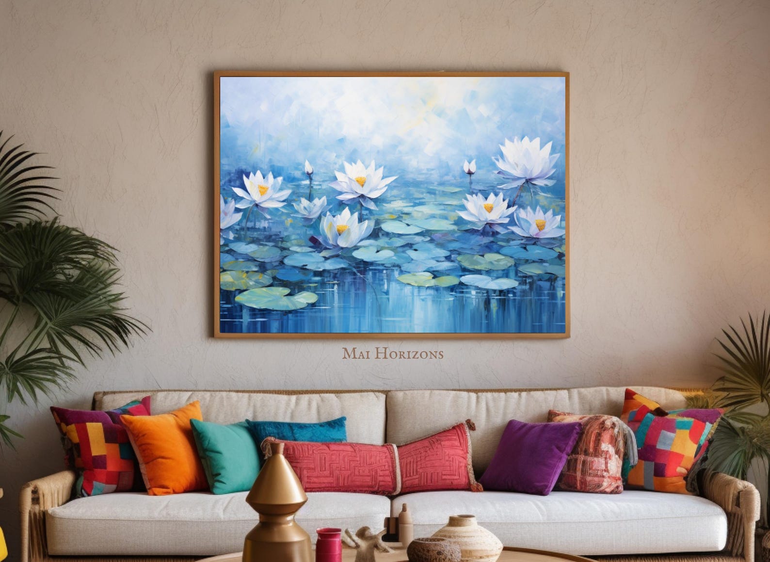 Lotus Flowers Oil Painting, Blue Pond Zen Art, Japanese Floral Wall ...