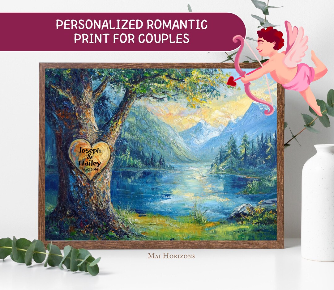 Custom Love Tree Print, Personalized Names Romantic Tree Oil Painting ...