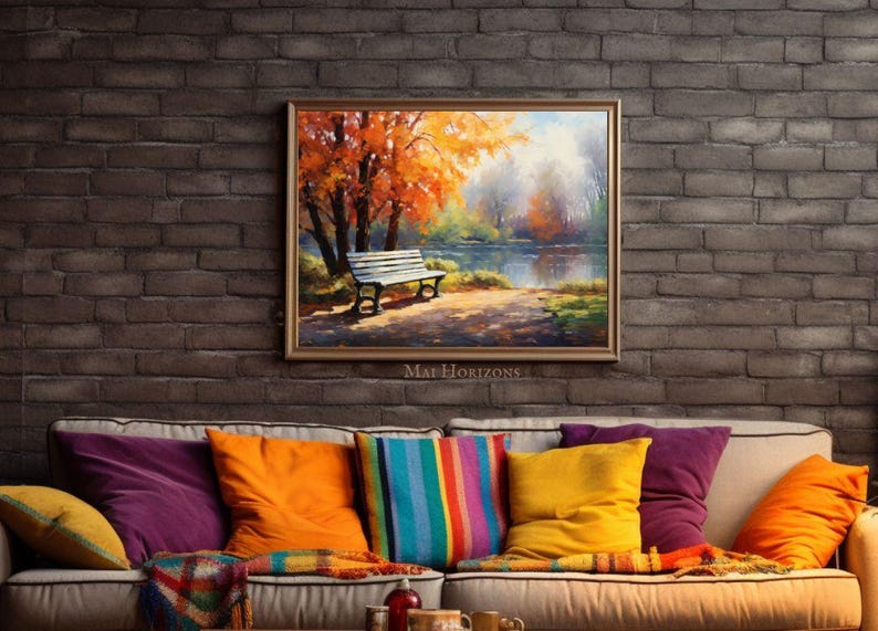 Wooden Bench in Autumn Landscape Oil Painting, Lake View, Orange Fall ...
