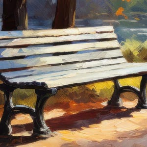 Wooden Bench in Autumn Landscape Oil Painting, Lake View, Orange Fall ...