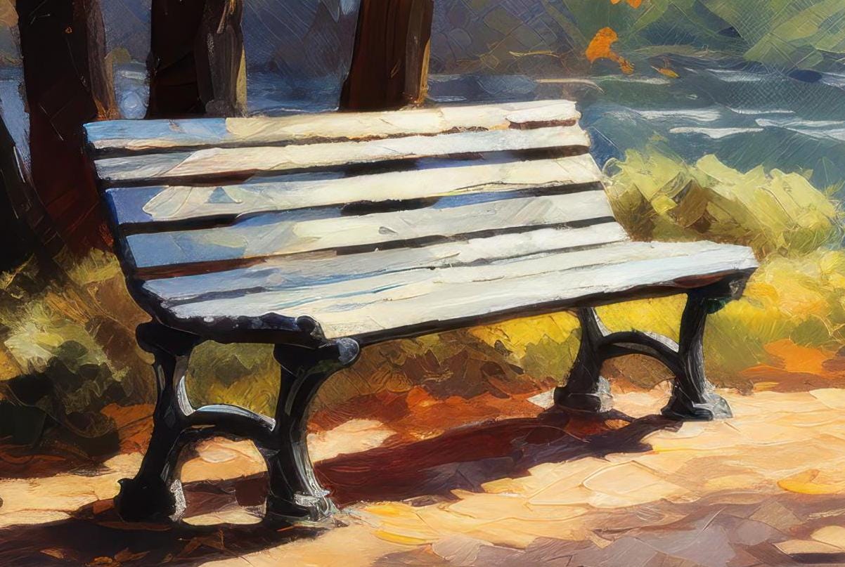 Wooden Bench in Autumn Landscape Oil Painting, Lake View, Orange Fall ...