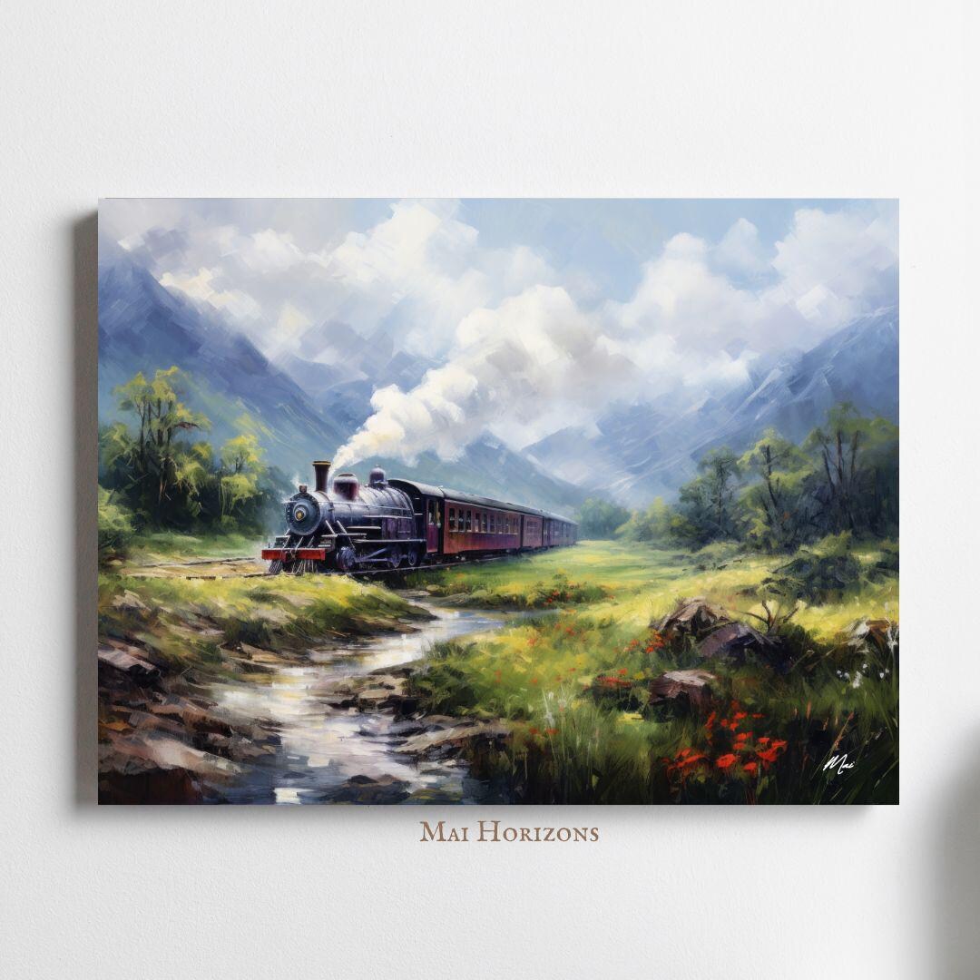 Vintage Train Landscape Oil Painting, Train Decor,mountain Landscape ...