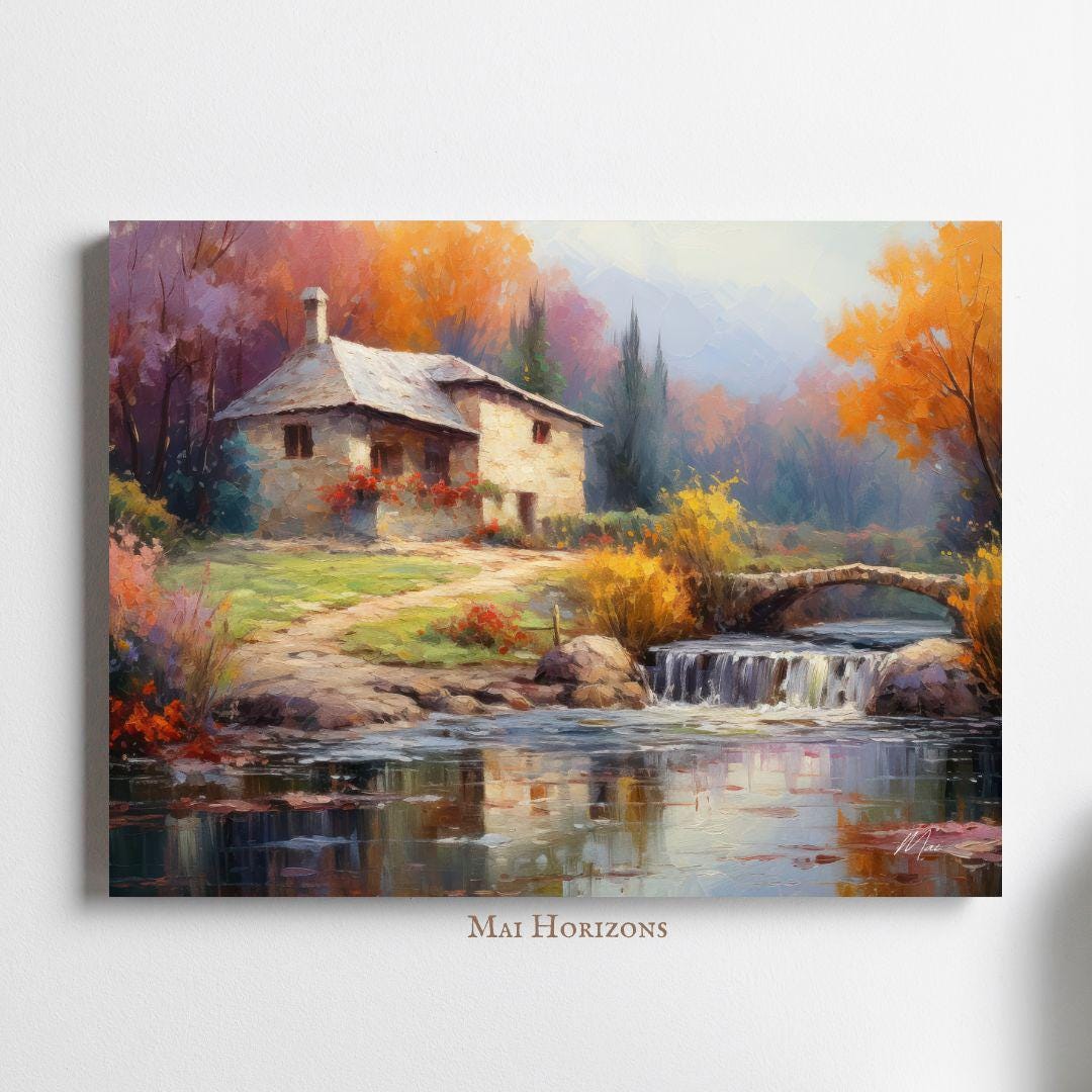 Colorful Autumn Waterfall Oil Painting, Fall Landscape Wall Art ...