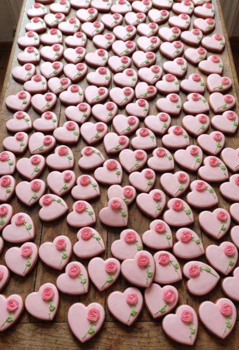 Heart Cookies With Rose Decoration, One Dozen Heart-shaped Cookies With ...