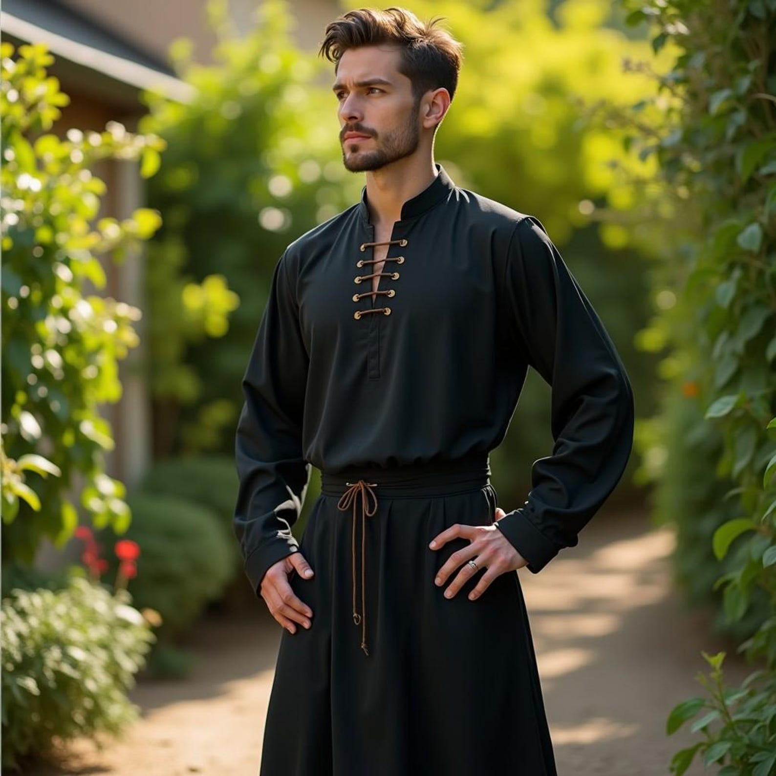 Mens Black Medieval Tunic Renaissance Long Sleeve Shirt Viking-inspired ...