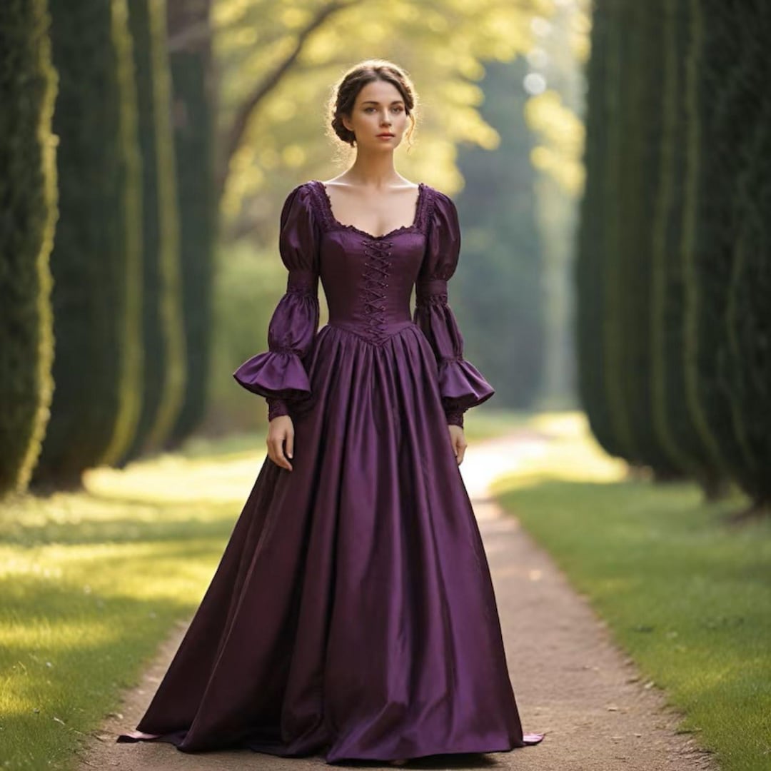 Medieval Purple Maxi Dress, Women's Long Puffed Sleeve Dress ...
