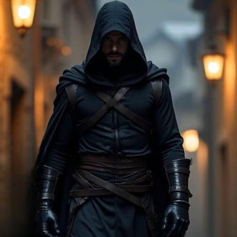 Medieval Assassin Costume, Men's Hooded Rogue Outfit, Dark Fantasy ...