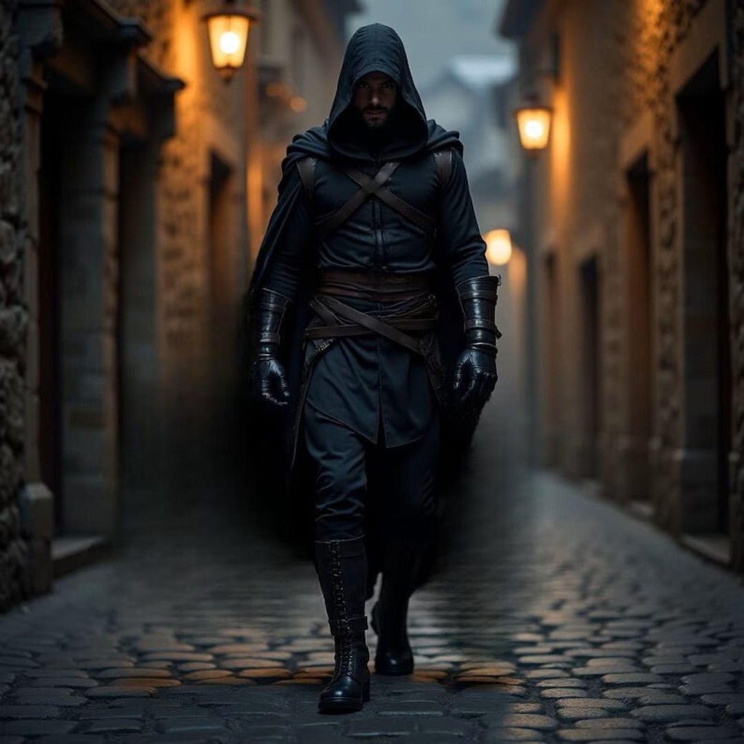 Medieval Assassin Costume, Men's Hooded Rogue Outfit, Dark Fantasy ...