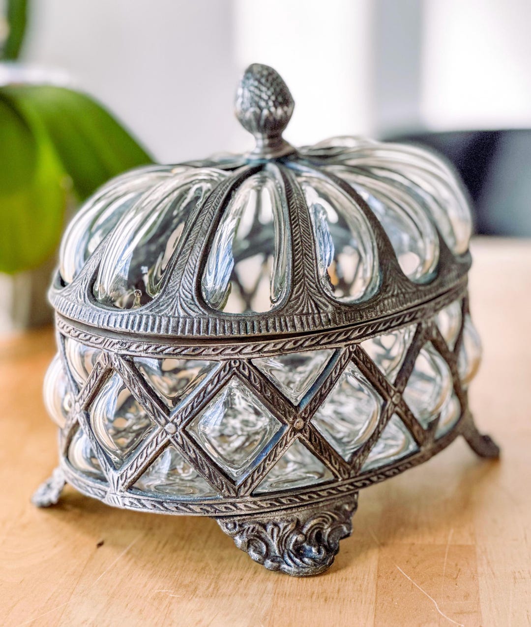 PEWTER GLASS JAR- Vintage Bubble Glass Jar- Vintage Glass Jar ...