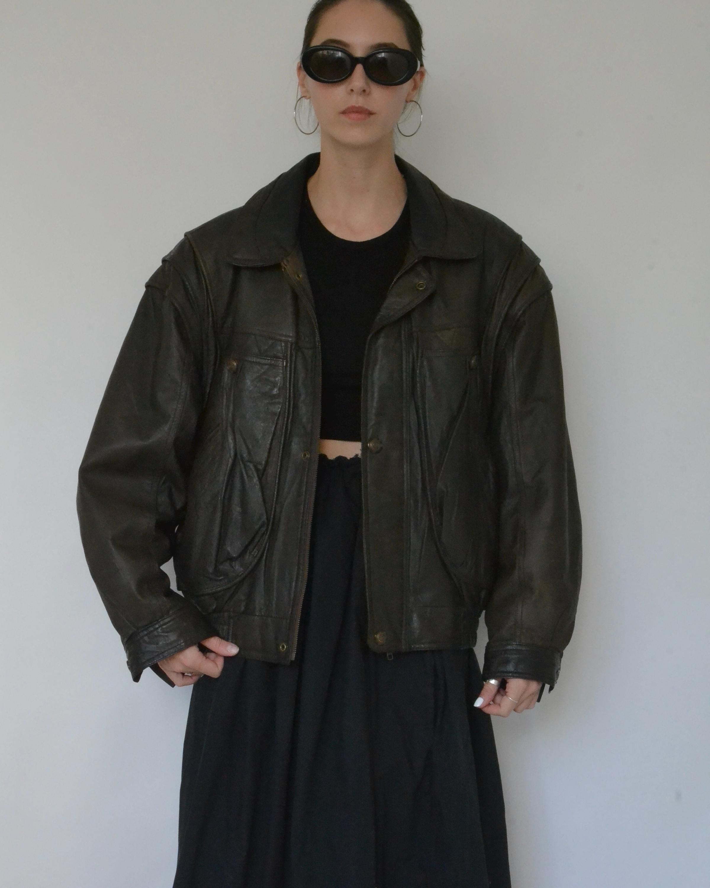 Vintage 90s Leather Bomber Jacket in Brown Timeless Oversized Genuine ...