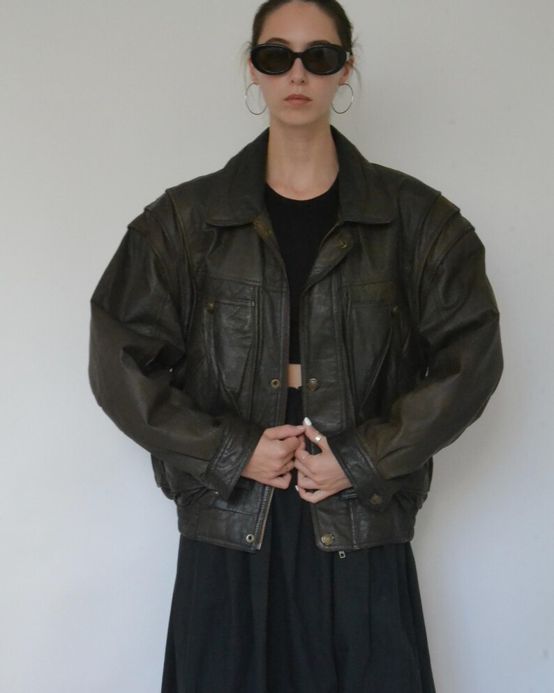 Vintage 90s Leather Bomber Jacket in Brown Timeless Oversized Genuine ...