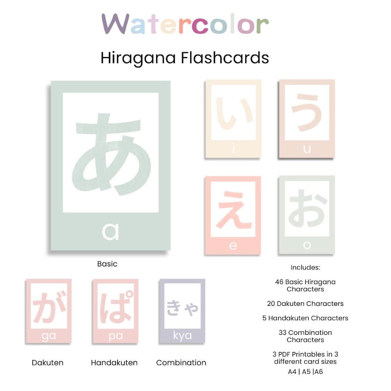 Minimalist Montessori Watercolor Japanese Hiragana Flashcard Printable ...