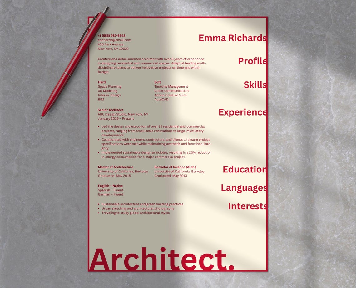 Modèle de CV d'architecte pour Canva • CV 1 page • CV 2 pages • Lettre ...