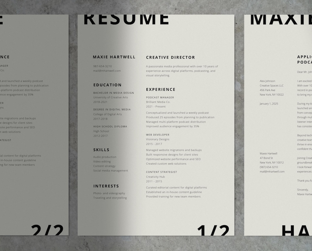 Modern & Minimalist CV Template • 1-page + 2-page Resume + Matching ...
