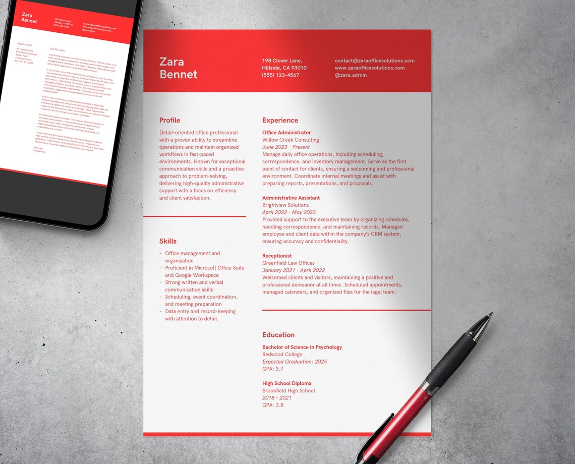 Modern Red Resume Template: Editable CV & Cover Letter (canva Template ...