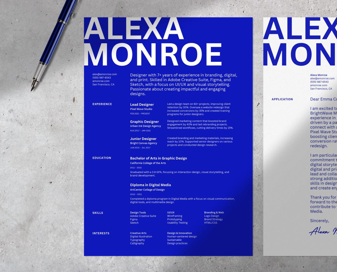 Modern Blue Resume Template • Editable in Browser • 1-page + 2-page CV ...