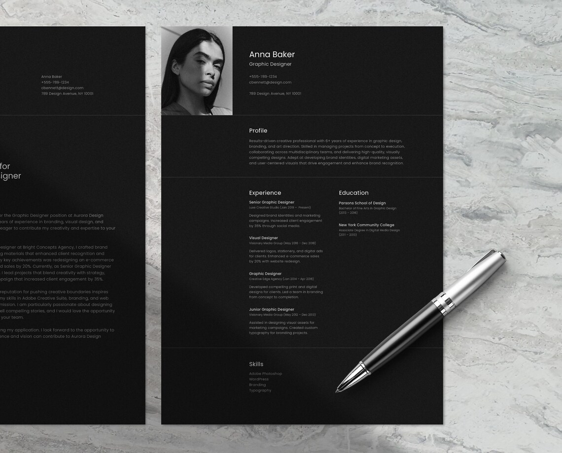 Dark Minimalist Resume Template: Modern CV With Cover Letter (canva ...