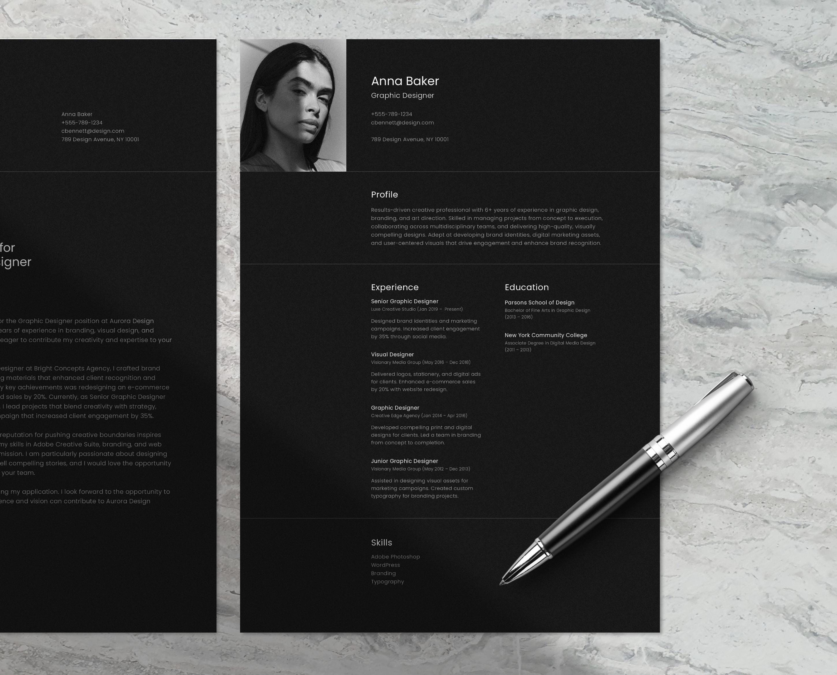 Dark CV / Resume Template With Photo • Modern & Minimalist • 1-page + 2 ...