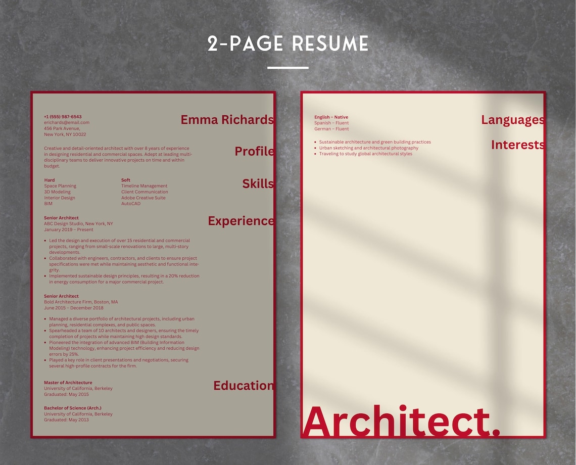 Modèle de CV d'architecte pour Canva • CV 1 page • CV 2 pages • Lettre ...