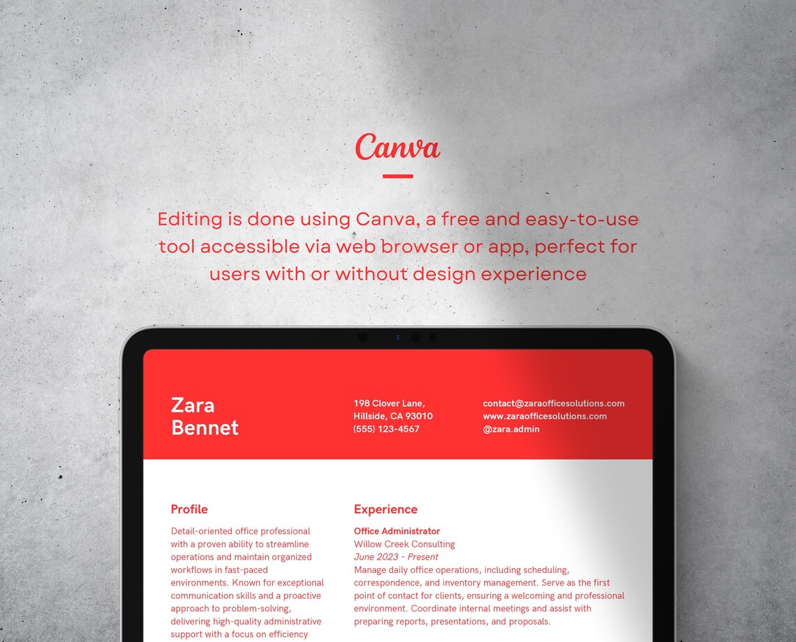 Modern Red Resume Template: Editable CV & Cover Letter (canva Template ...