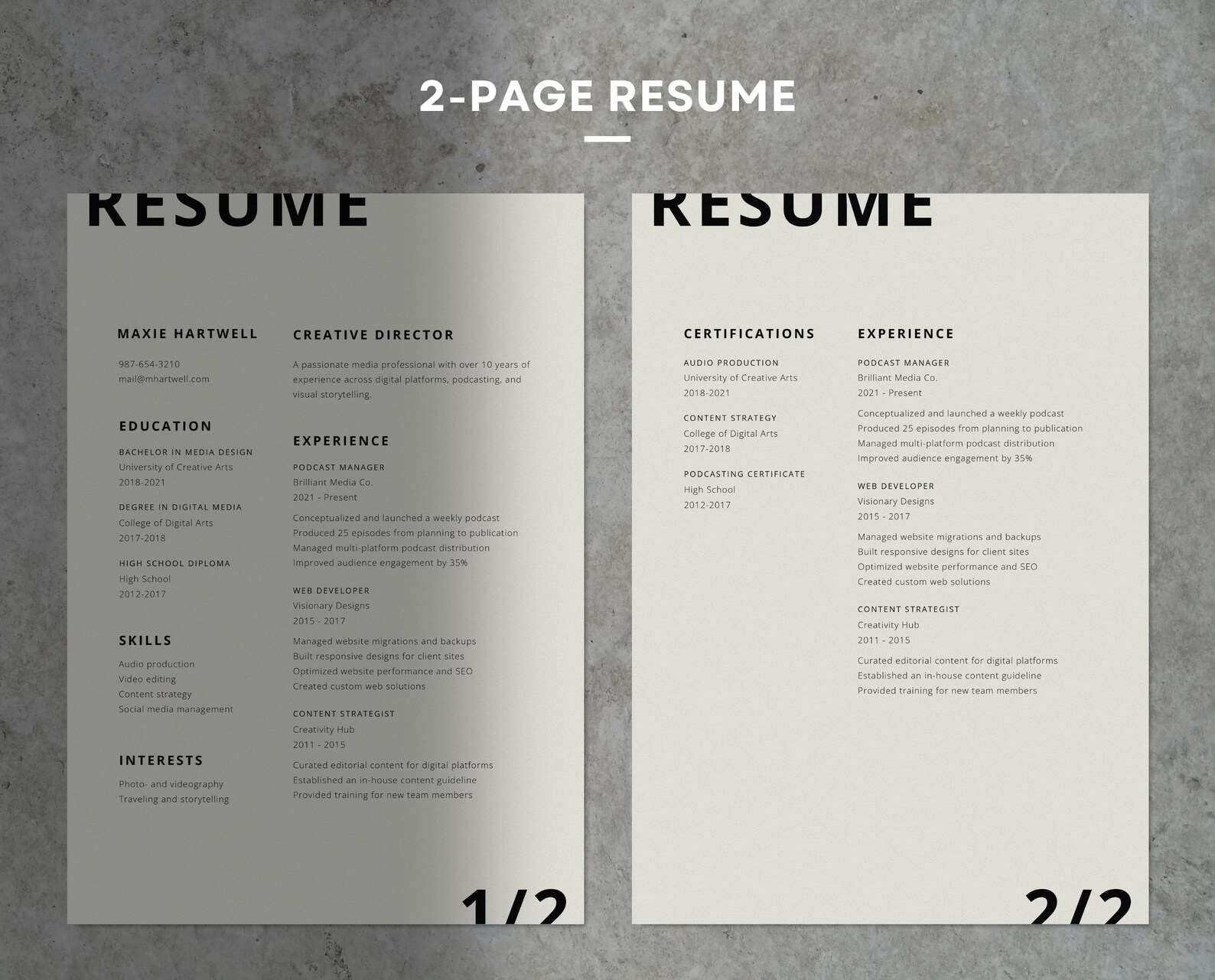 Modern & Minimalist CV Template • 1-page + 2-page Resume + Matching ...