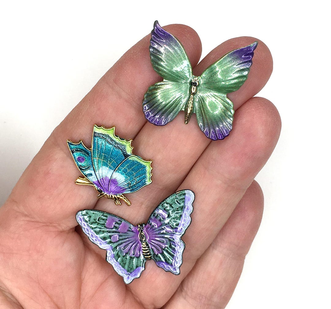 Set of 3 Painted, Metal Butterflies. One of a Kind Set, Button ...