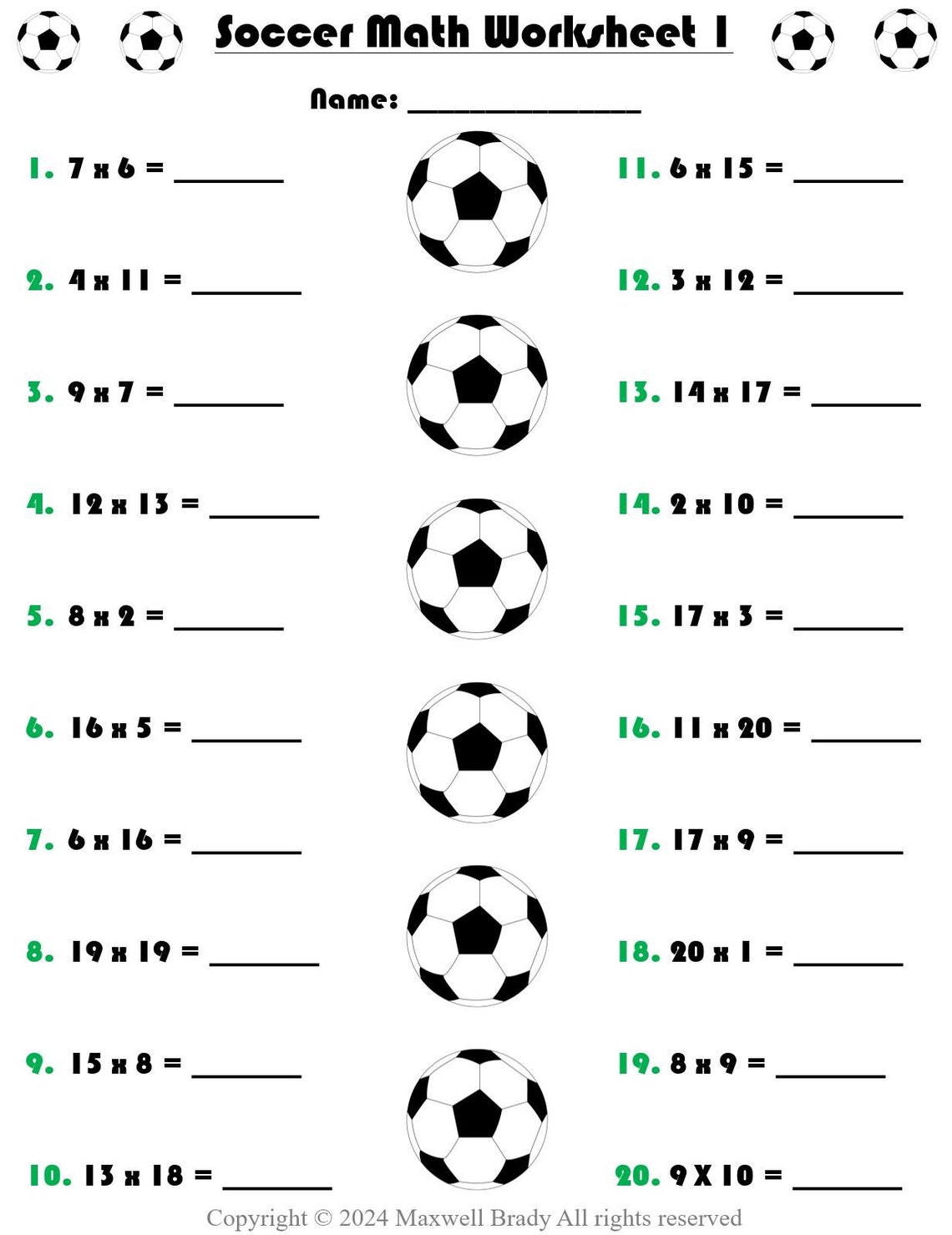 Multiplication Worksheet - Practice Multiplying Numbers 1-20 - Soccer ...