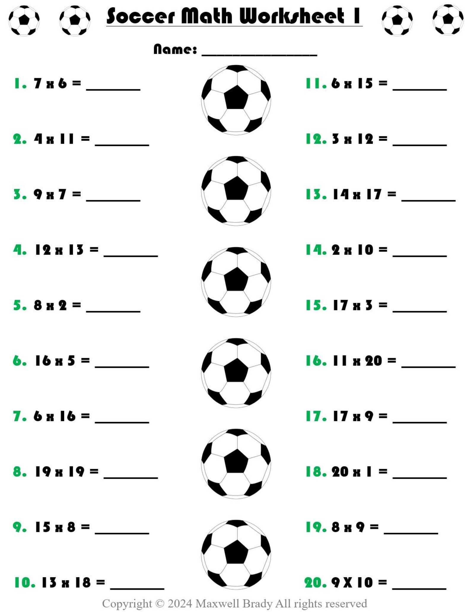 Multiplication Worksheet - Practice Multiplying Numbers 1-20 - Soccer ...
