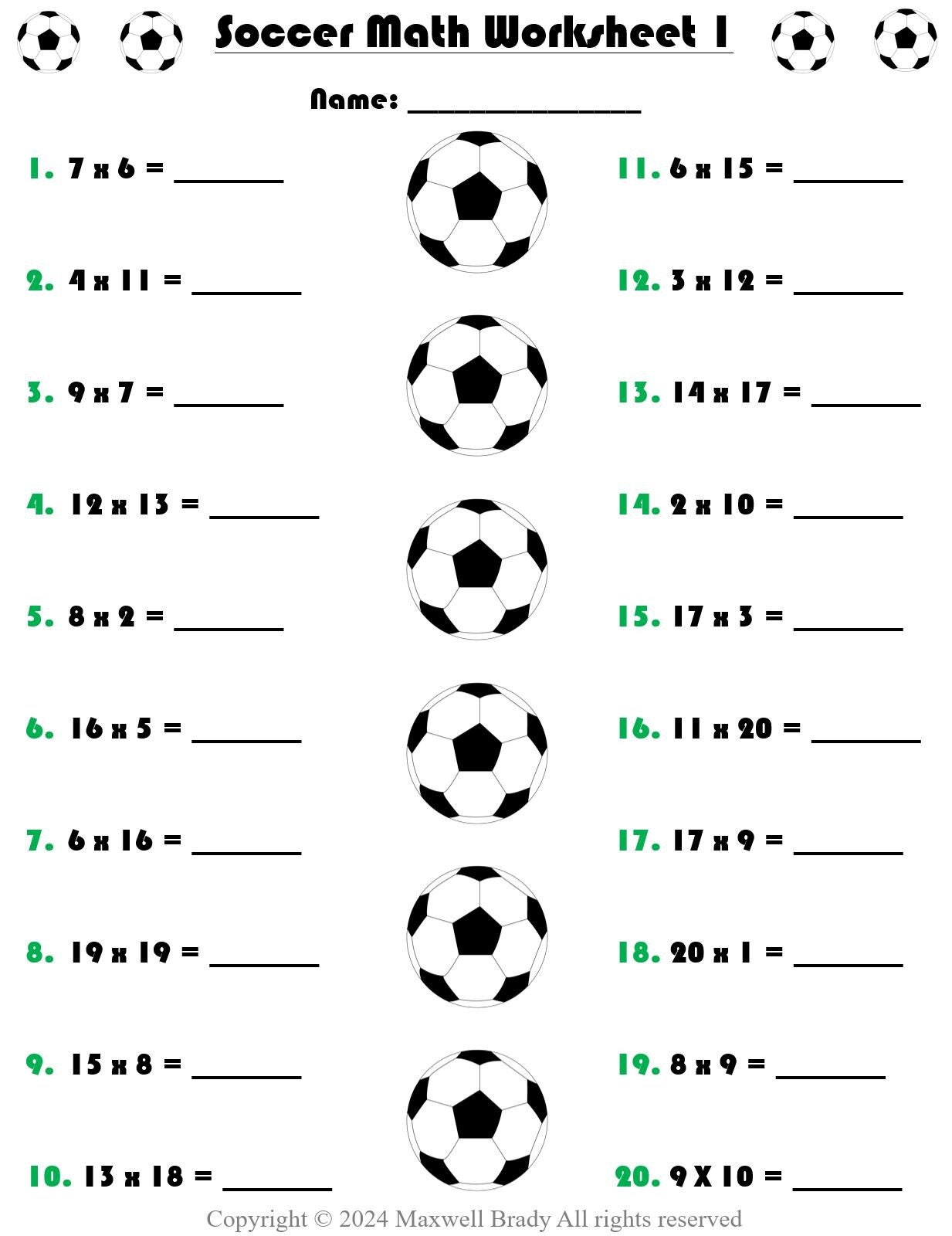 Multiplication Worksheet - Practice Multiplying Numbers 1-20 - Soccer ...