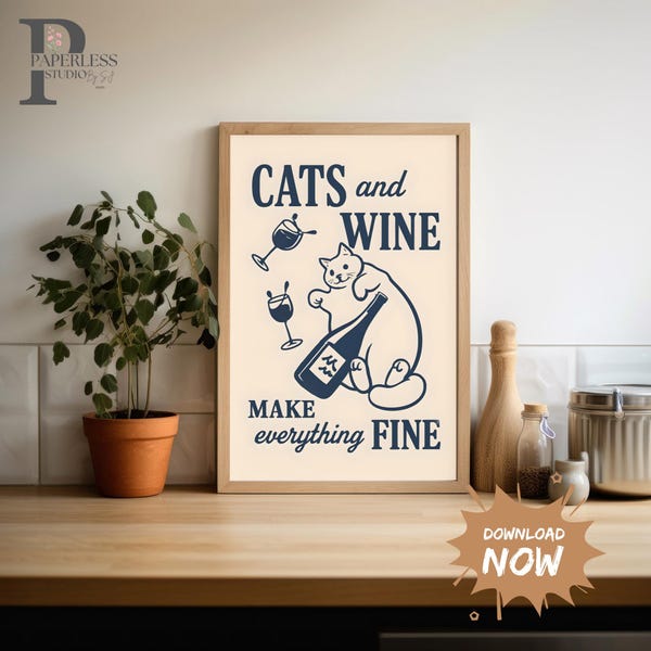 Cat Wine Prints - Etsy UK