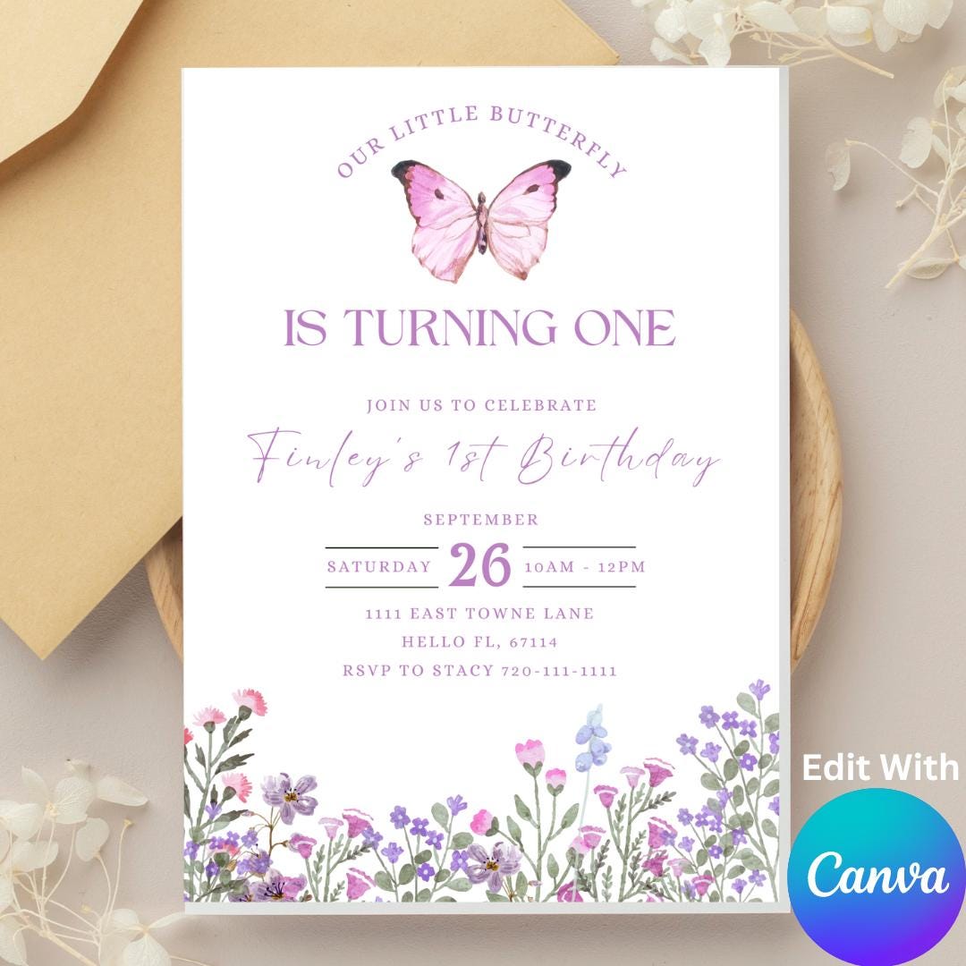 Butterfly First Birthday Invitation Editable Digital Download 5x7 Size ...