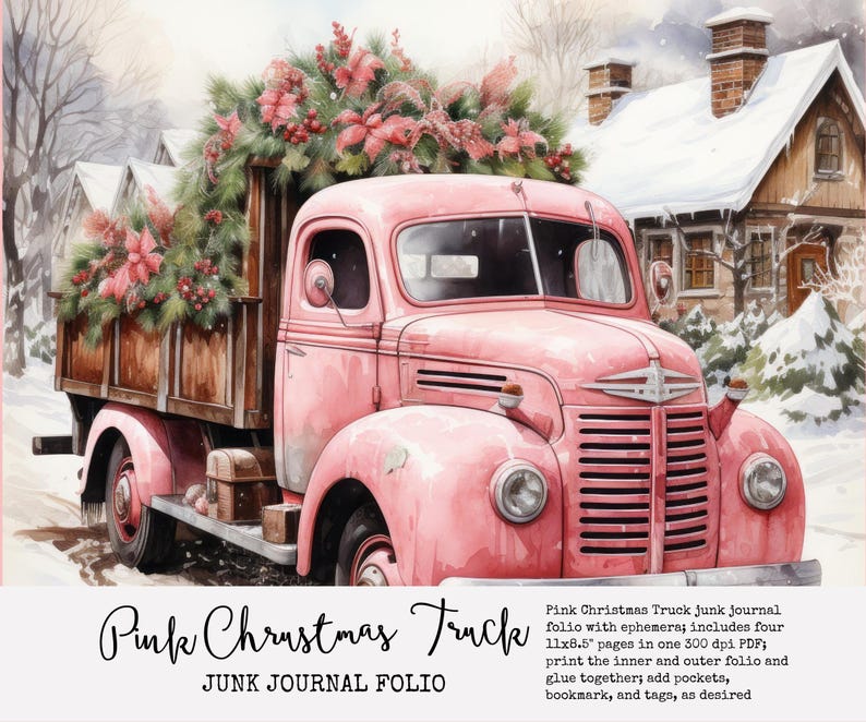 Vintage Pink Truck Christmas Junk Journal Folio – Festive Ephemera Set ...
