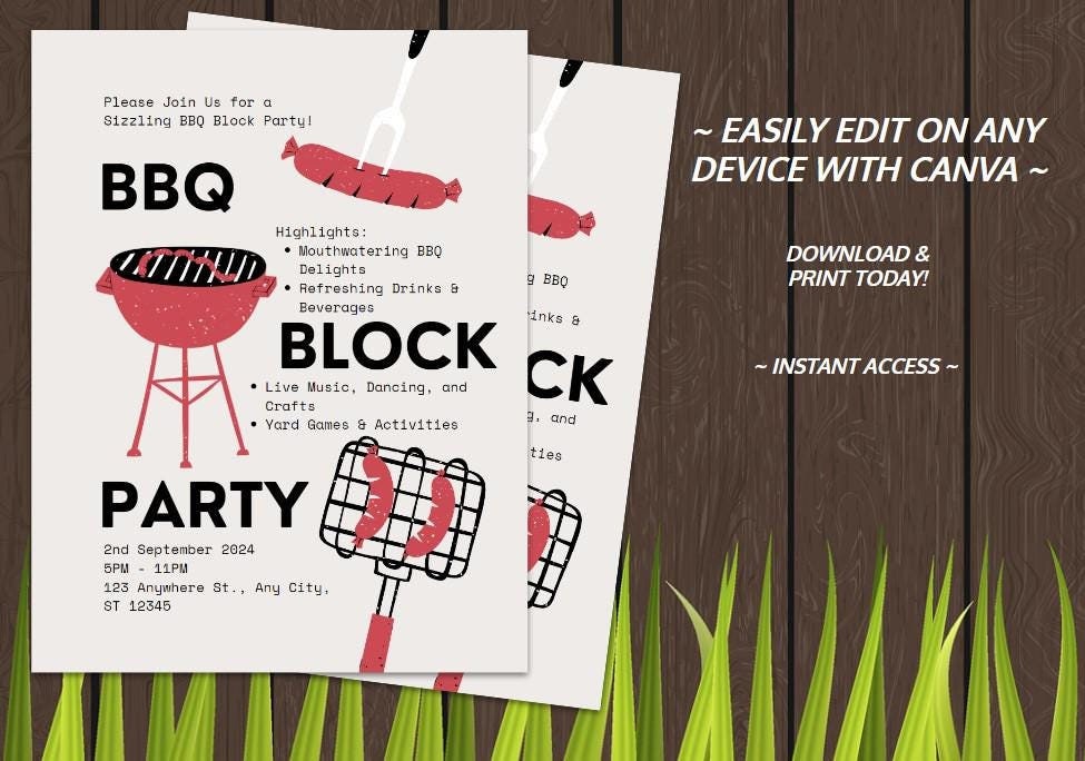 Editable Block Party Invitation, Red & Black, BBQ, Text Invitation ...