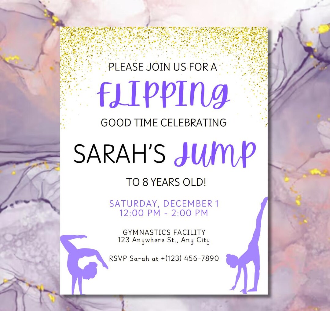 Fun & Flipping Gymnastics Invitation Editable Purple and Gold Template ...