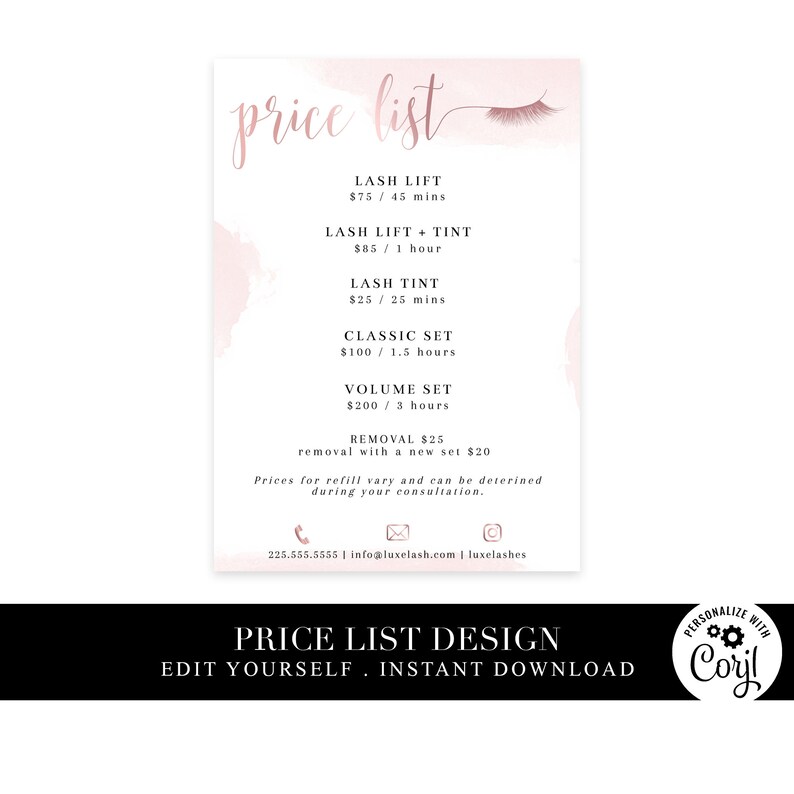 Price List Template Lash Price List Eyelash Extensions Instant Etsy