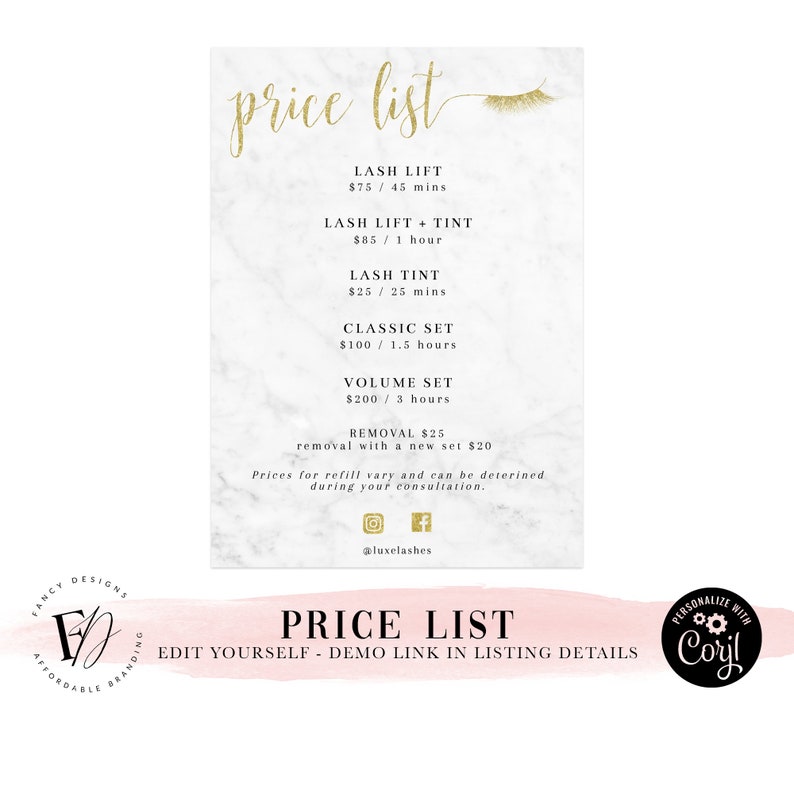 Price List Template Lash Price List Eyelash Extensions Instant Etsy