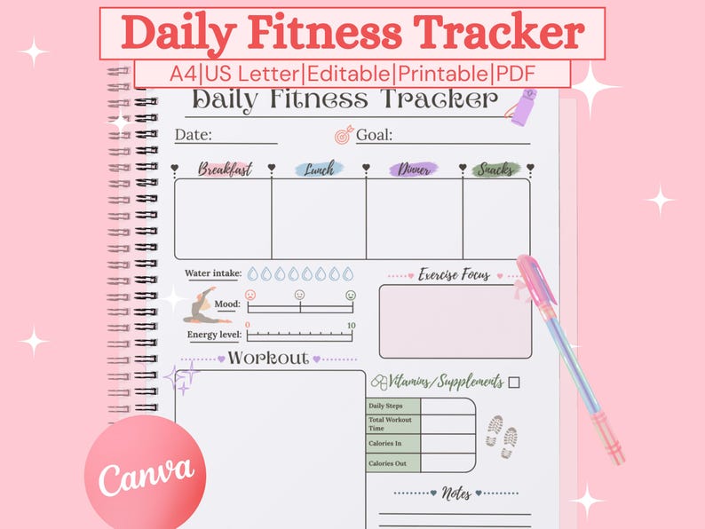 Printable Editable Fillable Daily Fitness Tracker⎪workout Log & Meal ...