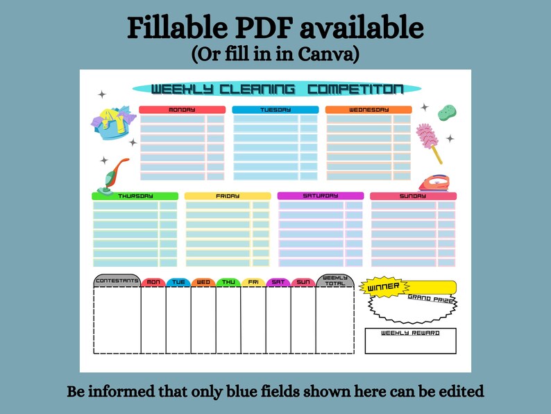 Editable Cleaning Competition Chart: Sibling Chore Planner (digital ...