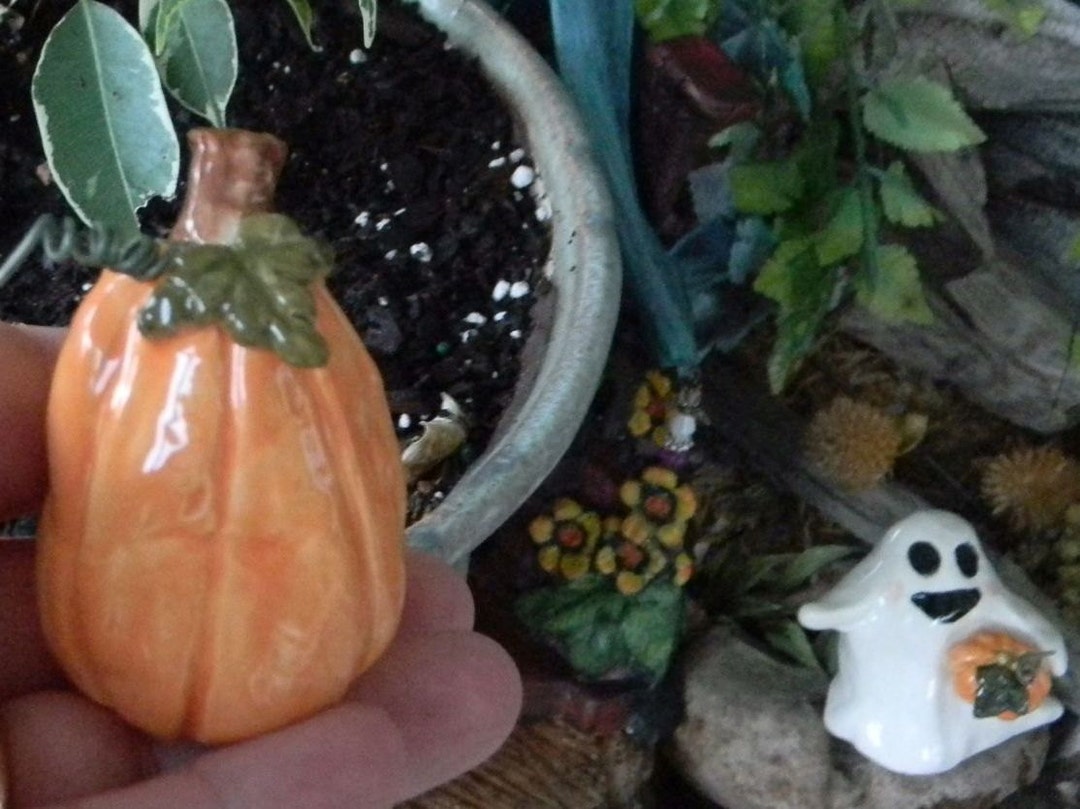 Ceramic Pumpkin With Curly Q Fall Leaf Ceramic Miniature Terrarium ...