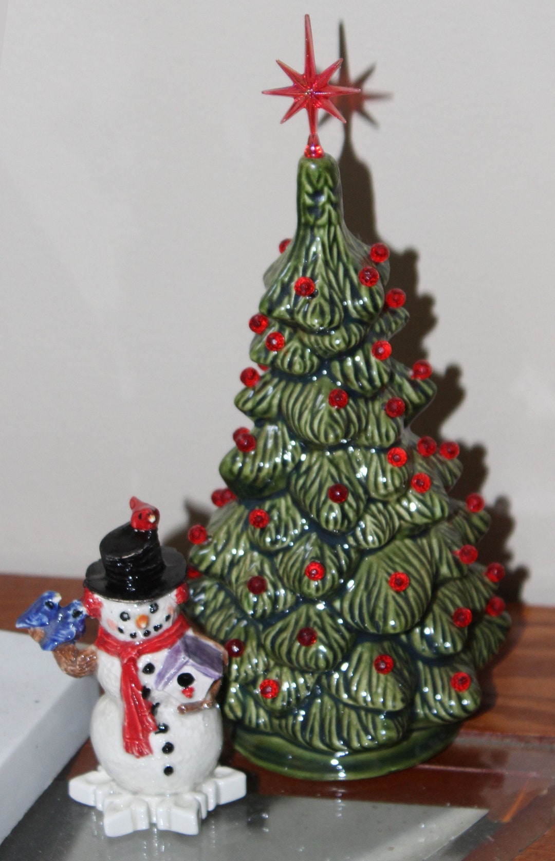 SNOWMAN & Red Bird - Ceramic Pottery Miniature Snowman Cardinal ...