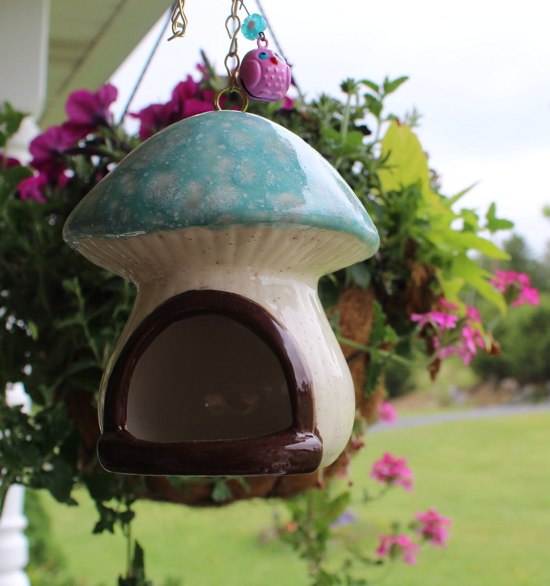 Ceramic Mushroom Toadstool Hanging Ceramic Bird Feeder Mushroom House ...